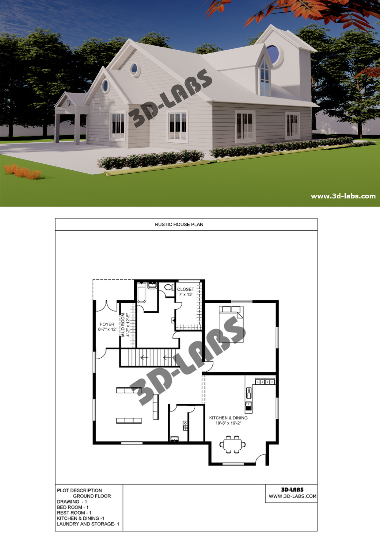 Rustic House One Story Plan - 3D-LABS