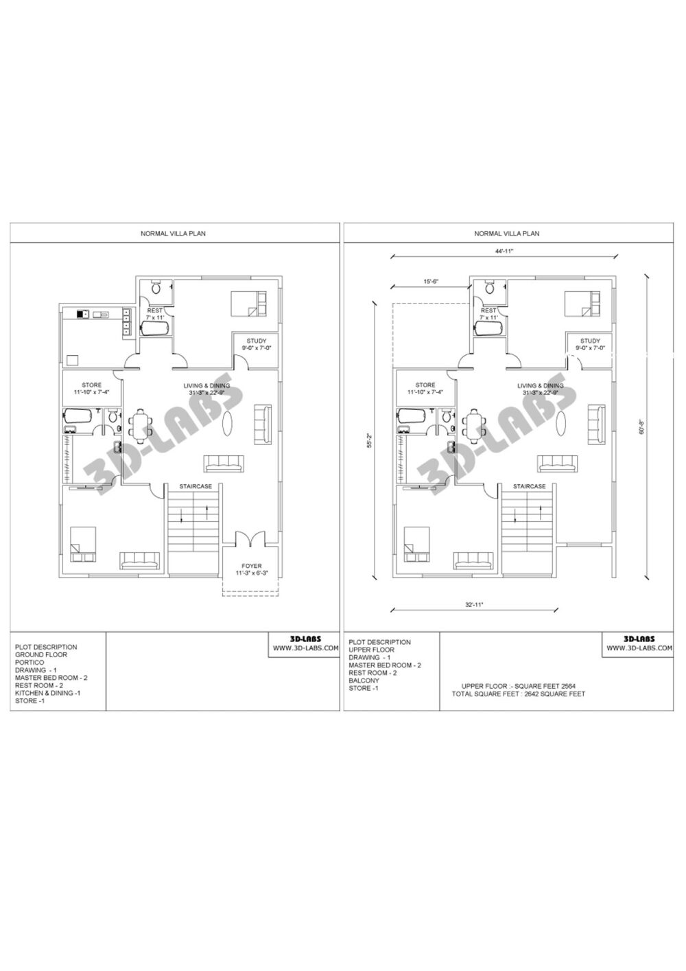 Normal villa plan and elevation :3D LABS